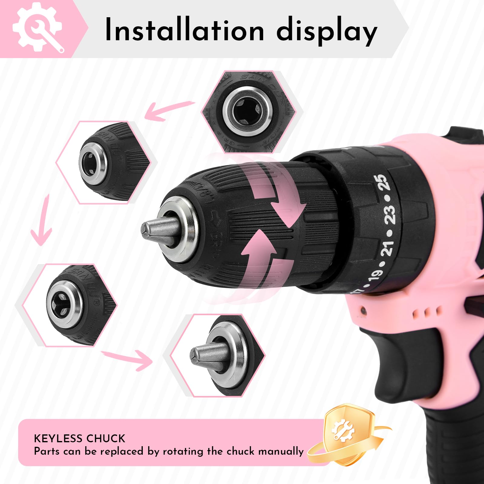 ALATIN Pink Cordless 21V Lithium-ion Drill Driver Set, 1 Battery, Charger and Storage Bag Included - Pink Ribbon