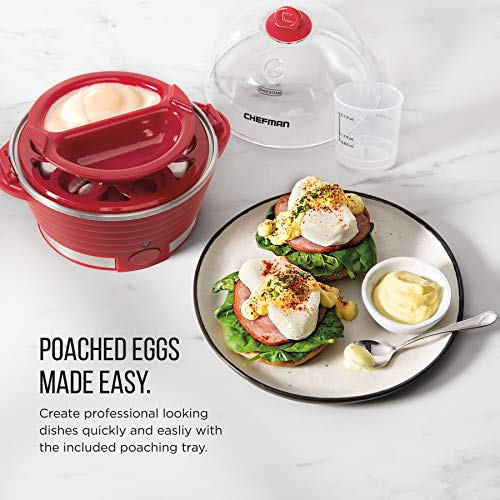 Chefman Electric Egg Cooker Boiler, Rapid Poacher, Food & Vegetable Steamer, Quickly Makes Up To 12, Hard or Soft Boiled, Poaching and Omelet Trays Included, Ready Signal, BPA-Free, Red
