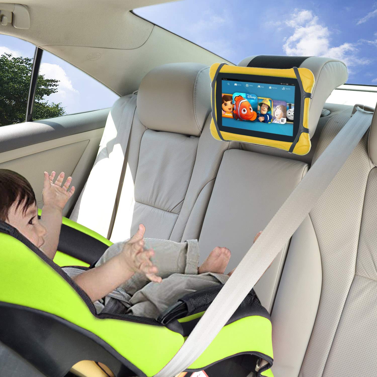 TFY Car Headrest Mount for 7-10 inch Fire, Fire HD, Kids Edition Tablets, Angle Adjustable Holder with Silicon Holding Net