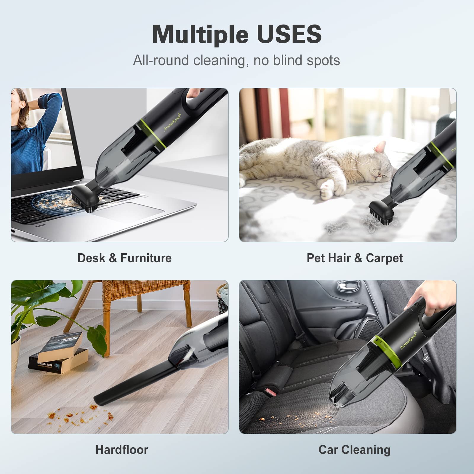 Aroma Room Portable Hand Vacuum Cleaner, Handheld Mini Cordless Cleaner for Dust Pet Hair Dirt Home, Car Interior, Lightweight, Easy to Use, Compact Design Battery Rechargeable with USB-C Cable