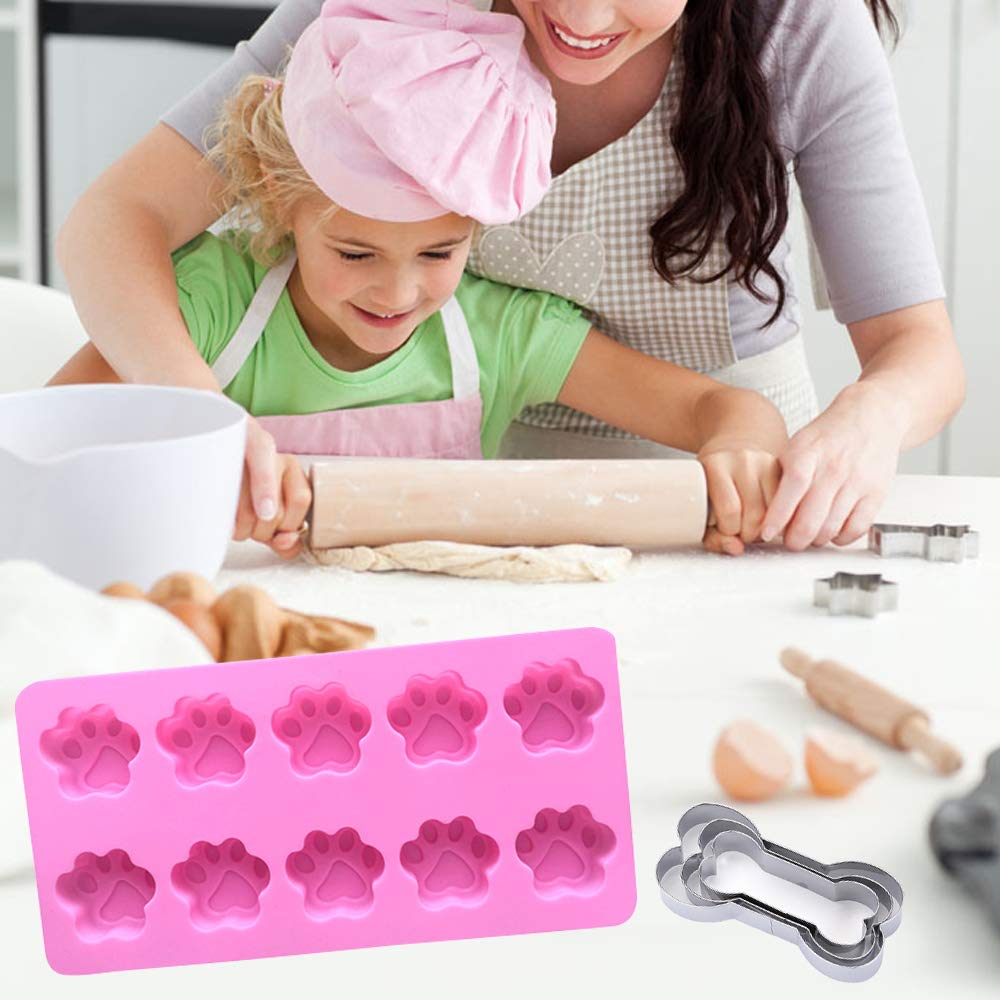 4 Packs Silicone Dog Paw Mold and 3 Packs Stainless Steel Bone Cookie Cutter, SourceTon Assorted Sizes Dog Bone Biscuit Cookie for Homemade Treats and Cat Animal Paw Ice Candy Chocolate Baking Mold
