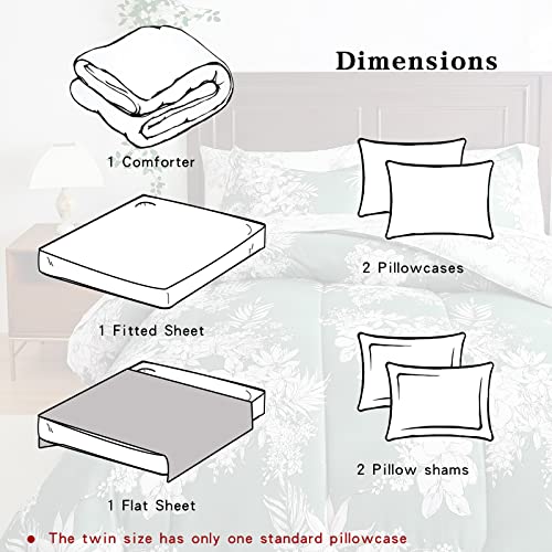 FlySheep Floral Bed in a Bag Queen Size 7 Pieces, White and Emerald Green Botanical Reversible Comforter Bedding Set(1 Comforter, 1 Flat Sheet, 1 Fitted Sheet, 2 Pillow Shams, 2 Pillowcases)