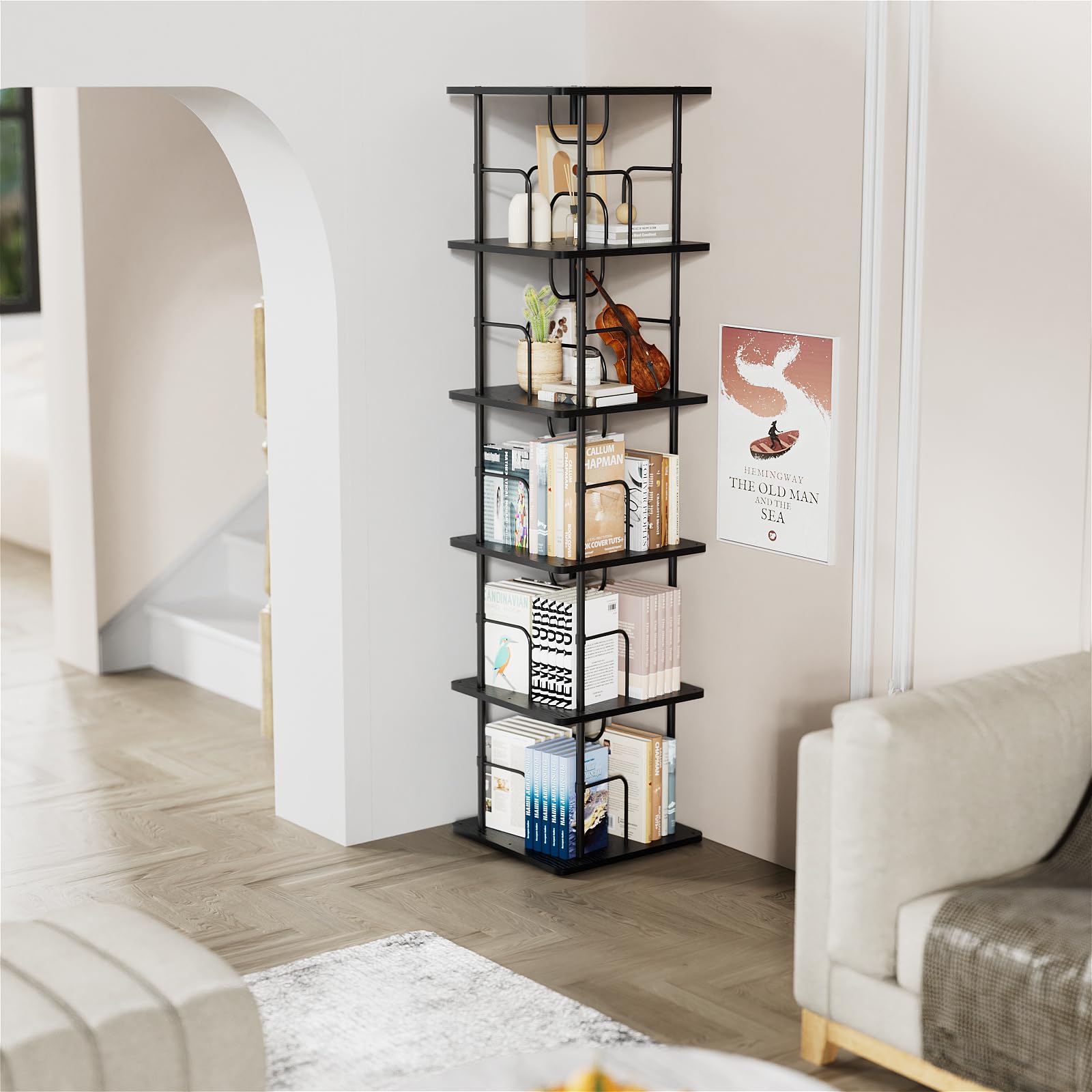 5 Tier Square Rotating Bookshelf, 360 ° Display Stackable Spinning Bookshelf Tower, Space Saving Tall Floor Standing Swivel Bookcase Corner Storage Organizer for Bedroom, Living Room, Rustic Brown