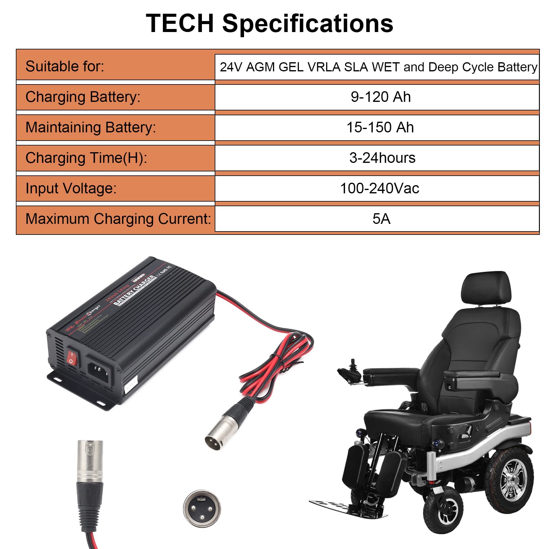 24V 5Amp Smart Automatic Battery Charger, Portable Battery Maintainer with XLR Connector for Car Boat Lawn Mower Marine Wheelchair Motorcycle eBike BLACK