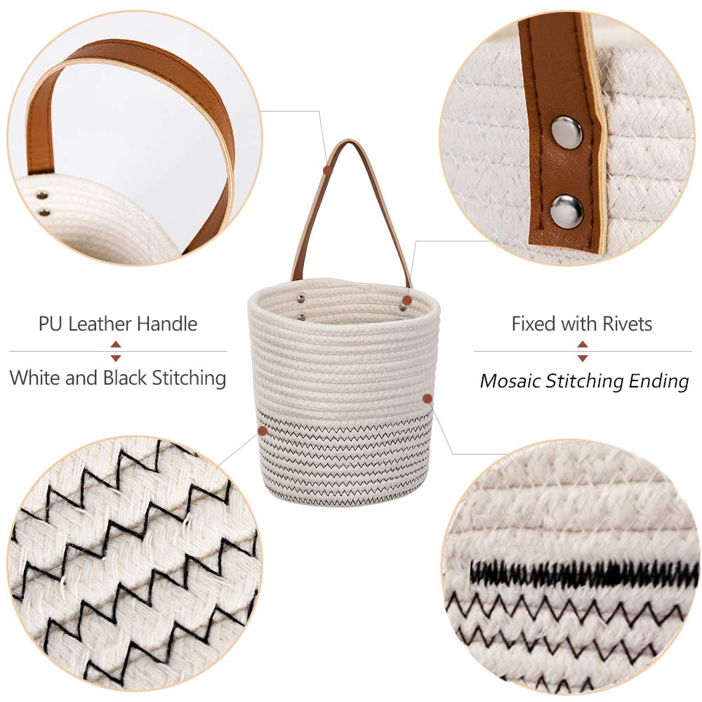 HIGOGOGO 2 Pack Wall Hanging Cotton Storage Baskets, Small Rope Baskets with Leather Handle Door Closet Organizer Woven Baskets for Keys, Wallet, Plants, Towels, Toys, 7.87" x 7"