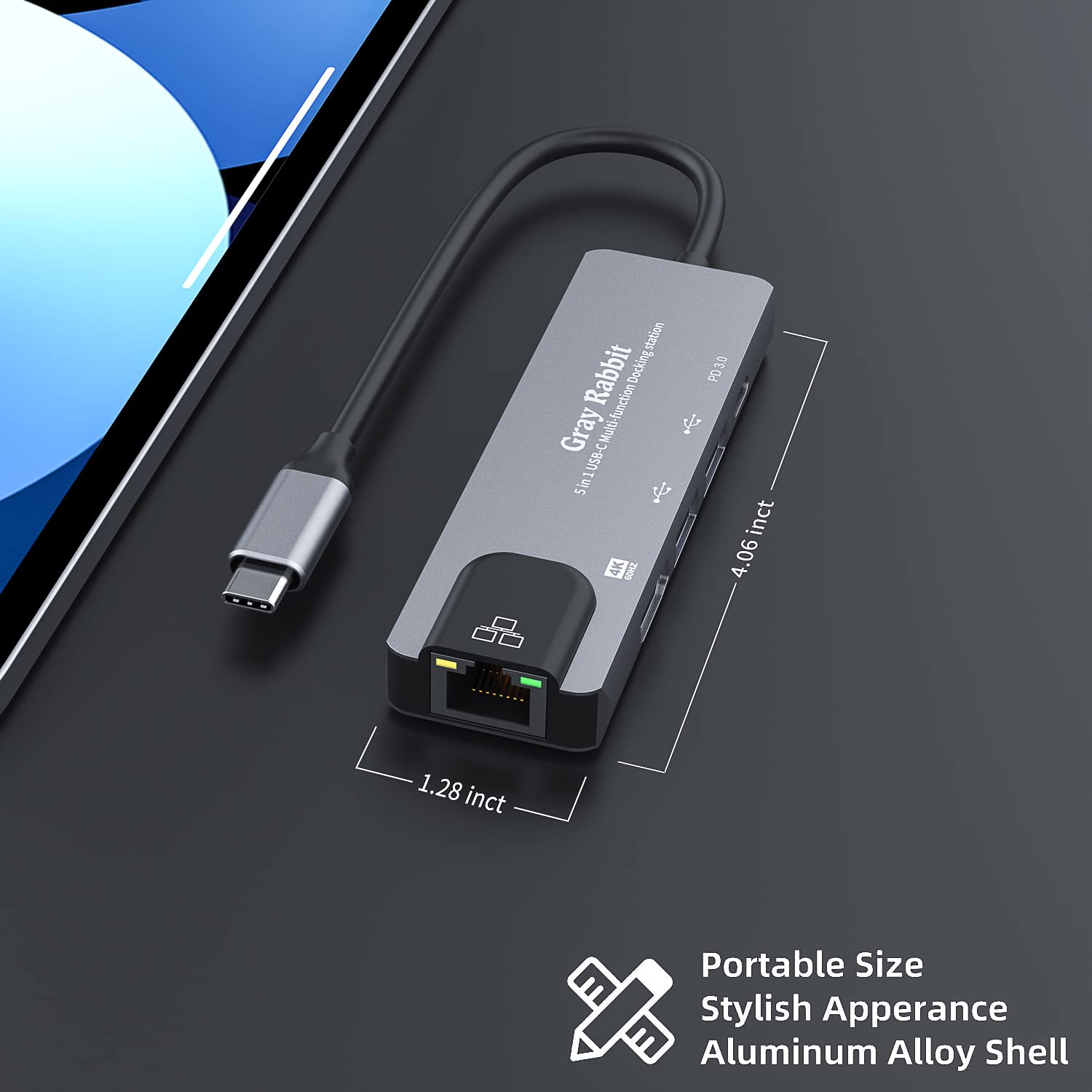 5-in-1 Dock Station,USB Type c HUB with 4k@60HZ, 2*USB2.0 Ports, PD3.0 and RJ 45 10/100M Compatible with MacBook Air Pro,iPad pro, Surface Laptop/Pro and More