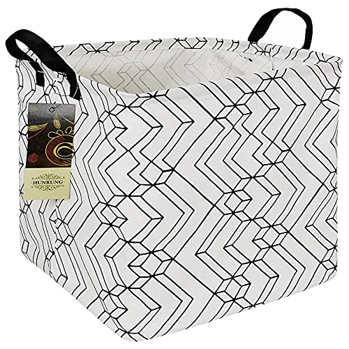HUNRUNG Square Storage Bins Nursery Hamper Canvas Laundry Basket Foldable with Waterproof Nursery Boxes for Shelves/Gift Baskets/Toy Organizer/Office, Bedroom (Square-black transverse geometry)