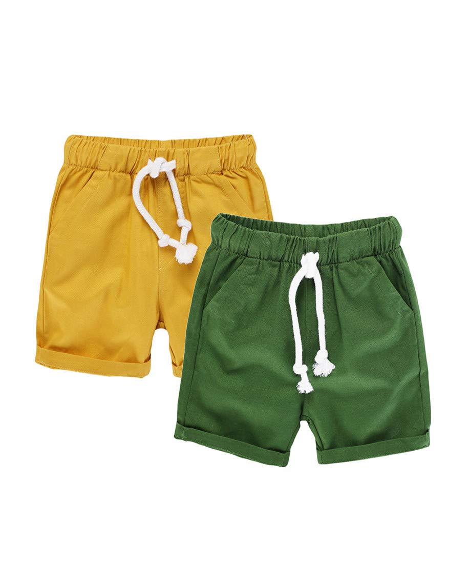 HILEELANG Baby Boys' Shorts 2-Pack Chino Short Summer Cotton Casual Pants with Pockets Yellow Green 2t