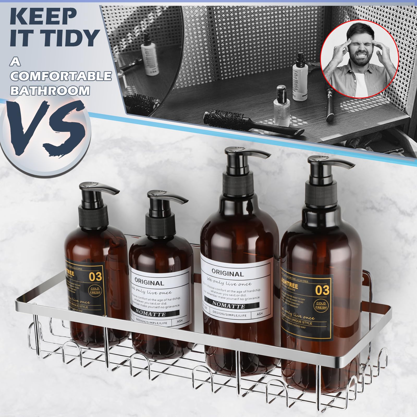 Adhesive Shower Caddy Organizer for Bathroom - Tile Shower Shelf for Inside Shower with Soap Holder, Adhesive No Drilling Traceless Organization and Storage Basket Shelf For Bathroom and Kitchen