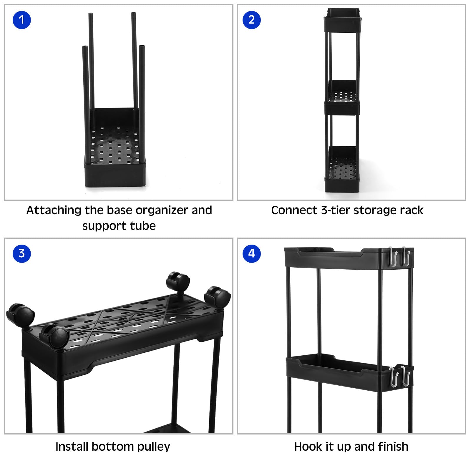 4 Pcs 3 Tier Slim Rolling Storage Cart, Bathroom Laundry Room Organizer Utility Storage Cart with Wheels and Hooks, Multi Functional Storage Trolley for Kitchen Bedroom Office Laundry Room, 2 Sizes