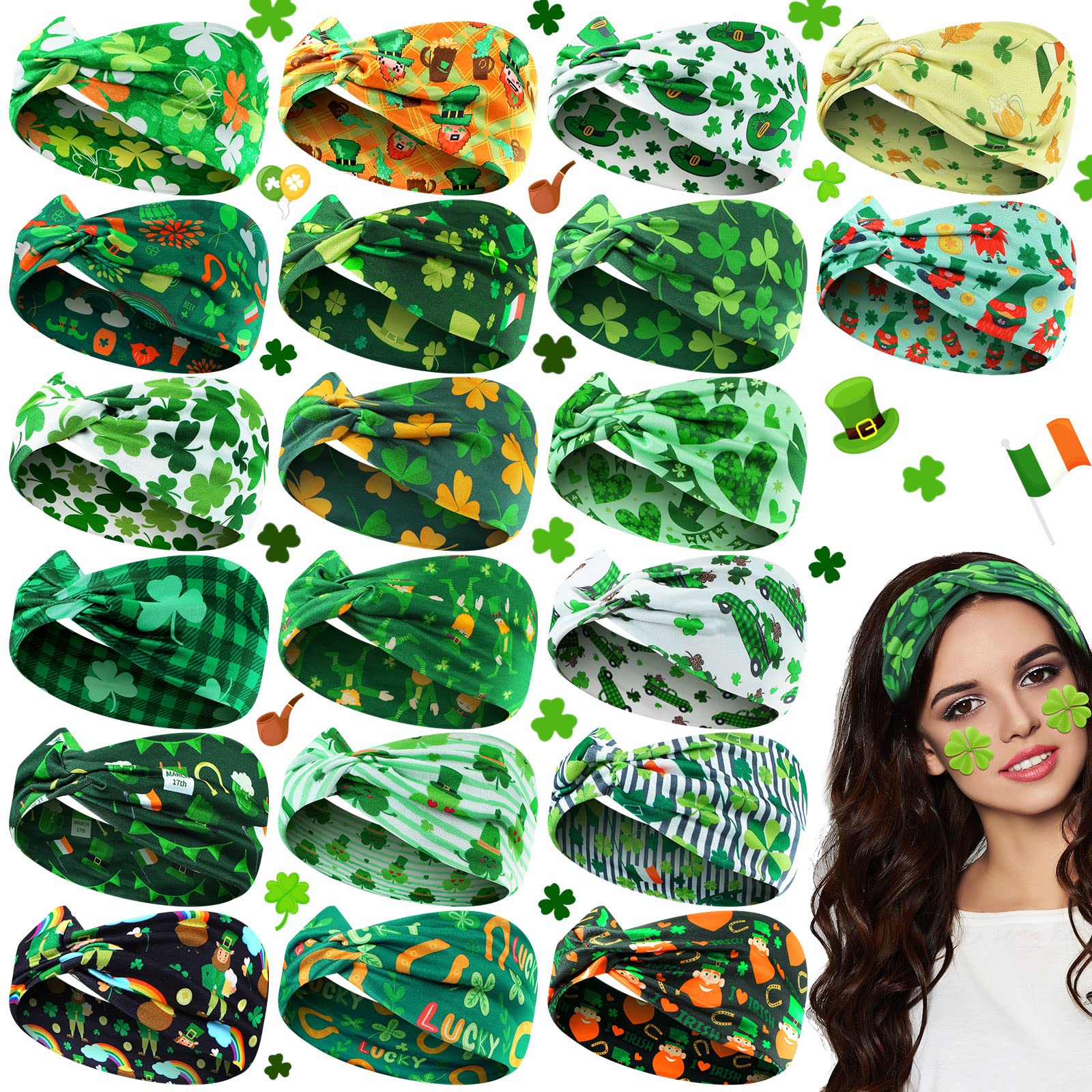 20 Pcs St. Patrick's Day Headbands Elastic Non Slip Hair Accessories Bulk Shamrock Pattern St. Patrick's Day Hairband for Women Girl