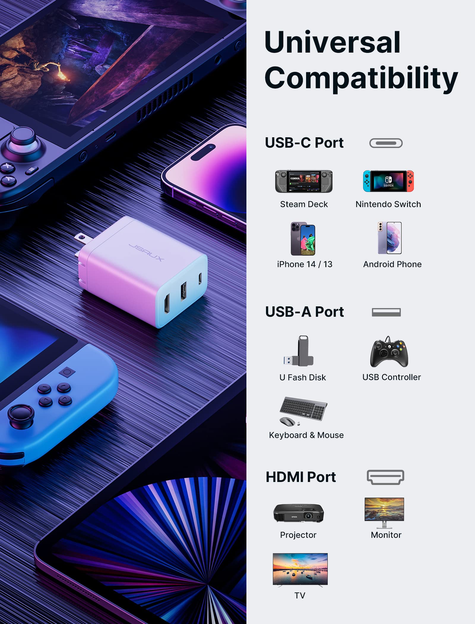 45W Charger Dock for Steam Deck, JSAUX 3-Port Dock Station [USB-C/USB-A/4K HDMI] with 3.3FT USB C 3.1 Cable, Foldable AC Charger Adapter Compatible with Steam Deck, Switch, MacBook, iPad and Samsung