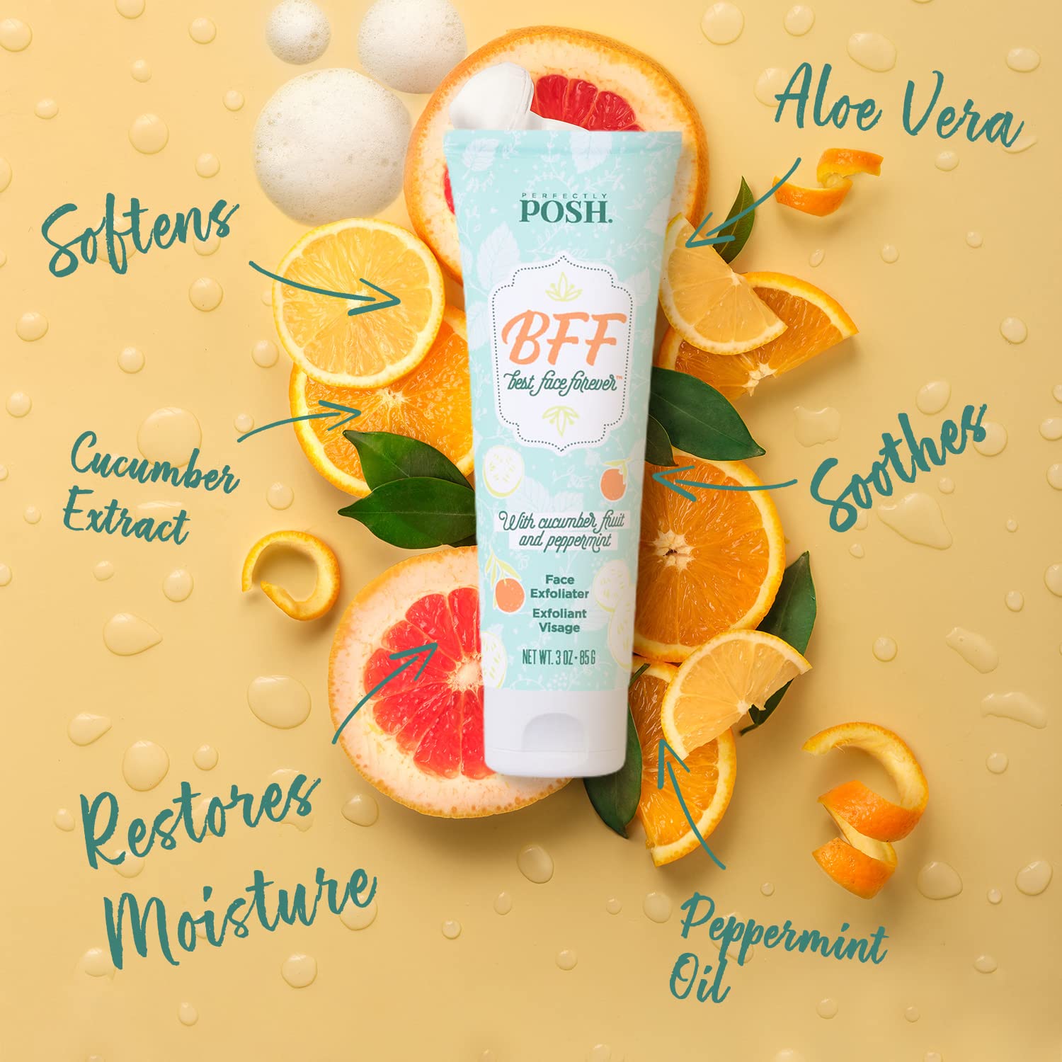 Perfectly Posh Exfoliating Face Wash 3 fl. oz w/Pink Grapefruit, Peppermint, & Cucumber Fruit Flavor. Complete your skin care w/Best Face Forever (BFF). Gentle Face Scrub, Refreshes & Hydrates Skin!