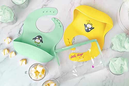 NatureBond Waterproof Baby Bibs, Silicone Weaning Bibs for Babies & Toddlers, Set of 2 w/Carry Pouch | Comfortable Soft 4 buttons Bib