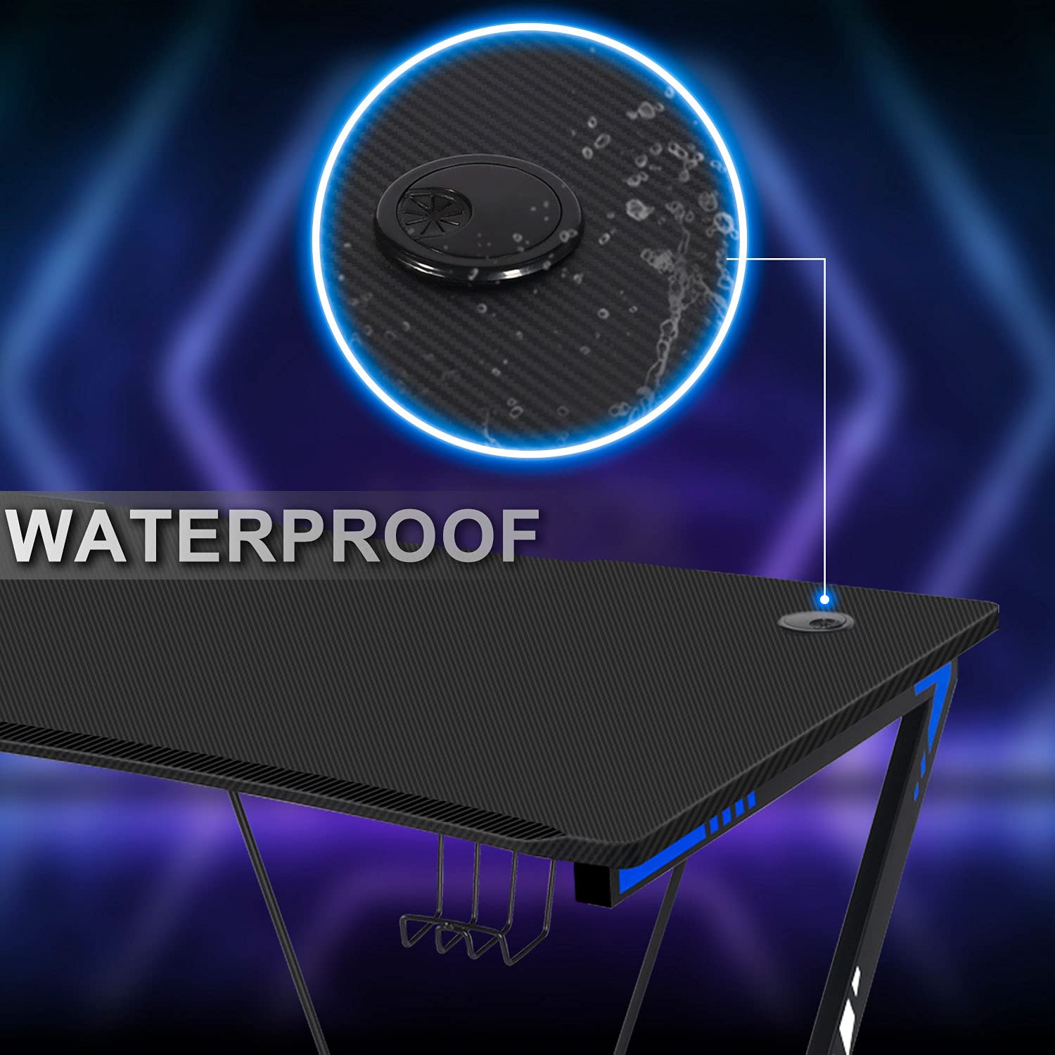 Cirstore Gaming Desk 39 Inch Computer Desk Gaming Table Z Shaped Pc Gaming Workstation Home Office Desk with Headphone, Gaming Controller Rrack,Black and Blue