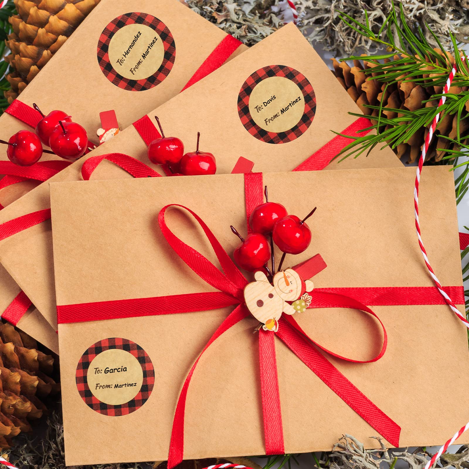 2000 Pieces Christmas to from Stickers, 1.5 Inch Buffalo Plaid Christmas Name Tag Stickers, Kraft Xmas to from Labels for Gift Wrapping, Box and Envelope Sealing