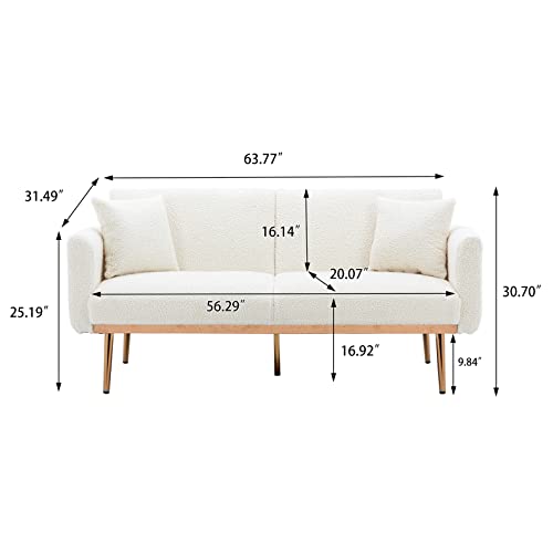 Antetek Futon Sofa Bed with 3 Adjustable Positions, Small Sleeper Sofa Loveseat with 2 Decorative Pillows, Modern Upholstered Convertible Couch with 5 Metal Tapered Legs, White Teddy