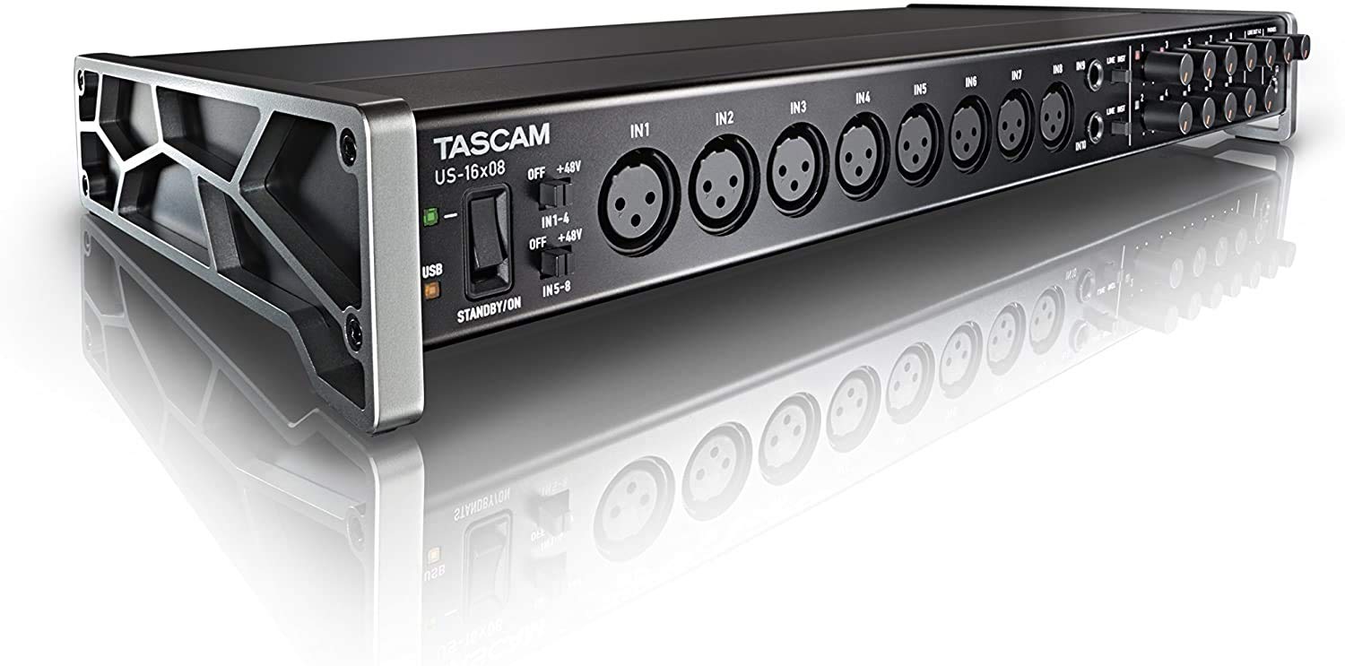 Tascam US-16x08 Rackmount USB Audio/MIDI Interface with Pro Headphone and Pair of EMB XLR Cables and Gravity Magnet Phone Holder Bundle