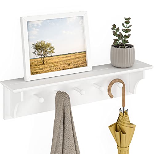 Ballucci Floating Coat and Hat Wall Shelf Rack, 5 Pegs Hook, 24", White