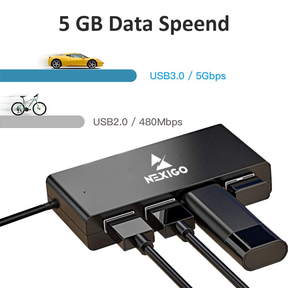 USB Hub with USB C Connector, NexiGo 4-Port 2 ft Slim Ultra USB 3.0 Hub, Thunderbolt 3 to USB 3.0 Adapter (Black), for MacBook, Mac Pro, Mac Mini, iMac, Surface Pro, XPS, PC, Flash Drive, Mobile HDD