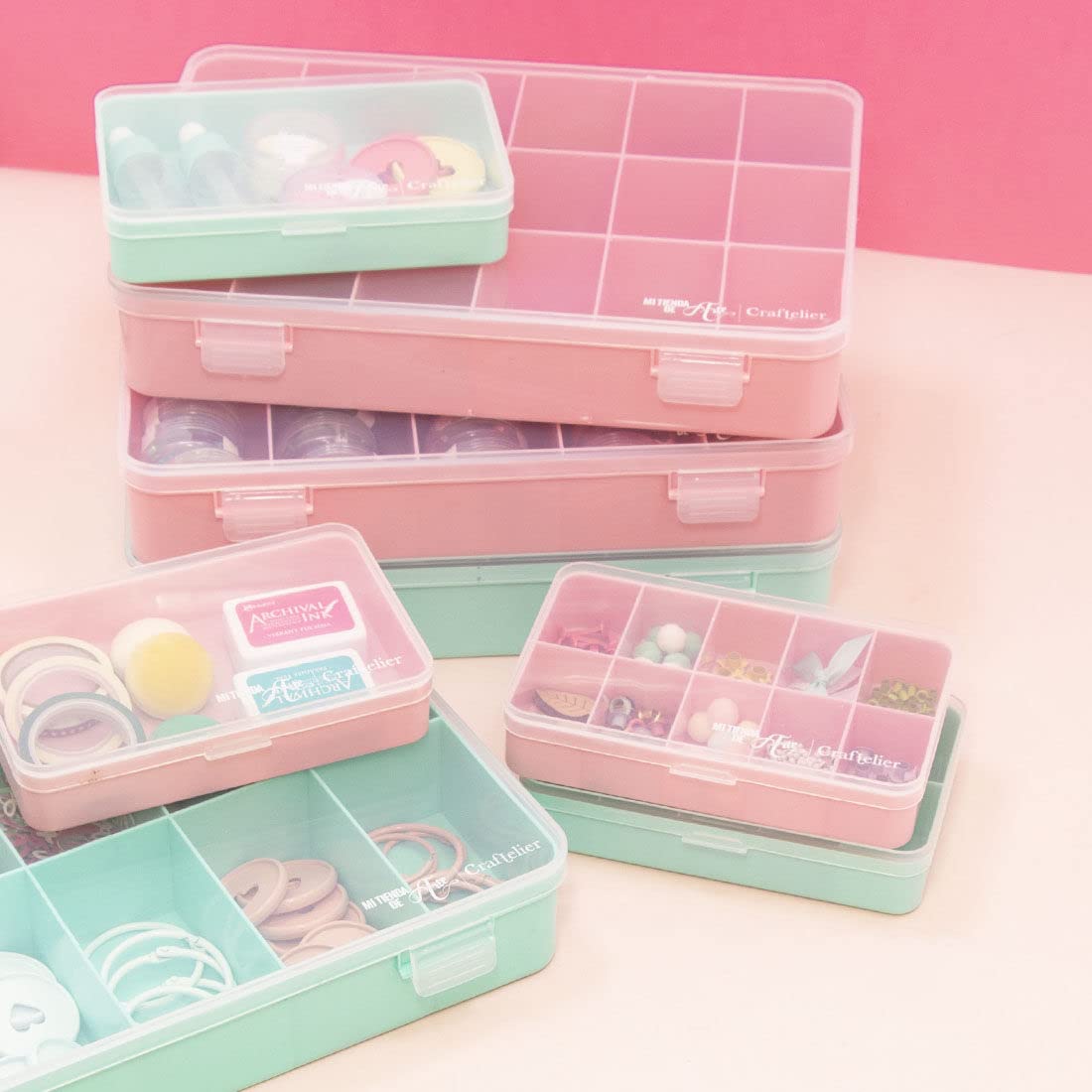 Craftelier - Organizer Box with 17 Compartments for Cardmaking, Scrapbooking and Craft Materials | Dimensions 26.5 x 17.8 x 4.2 cm (10.4โ x 7โ x 1.65") -Transparent and Pink Color