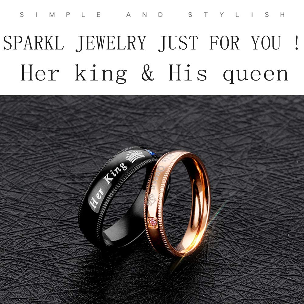 2pcs Matching Set Couple Rings Stainless Steel Promise Rings with His Queen and Her King Wedding Engagement Band