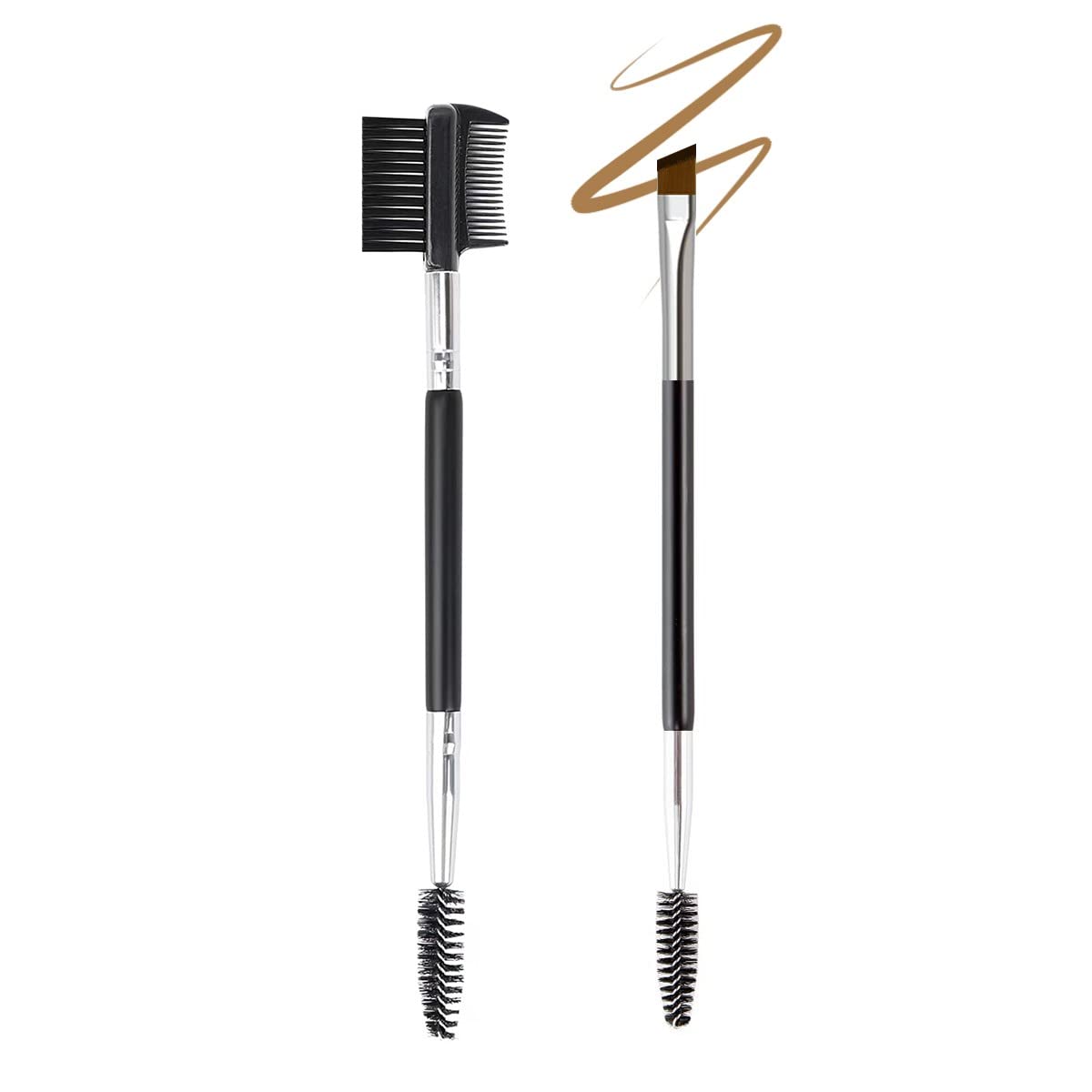 2PCS- 1 Eyebrow Brush + 1 Eyelash Brush Shaper, Professional Double-Ended Angled Eye Brow Brush and Spoolie Brush, 3 Head Eyelash Comb Double Head Brush, Makeup Grooming Tool for Shaping Brow Lashes
