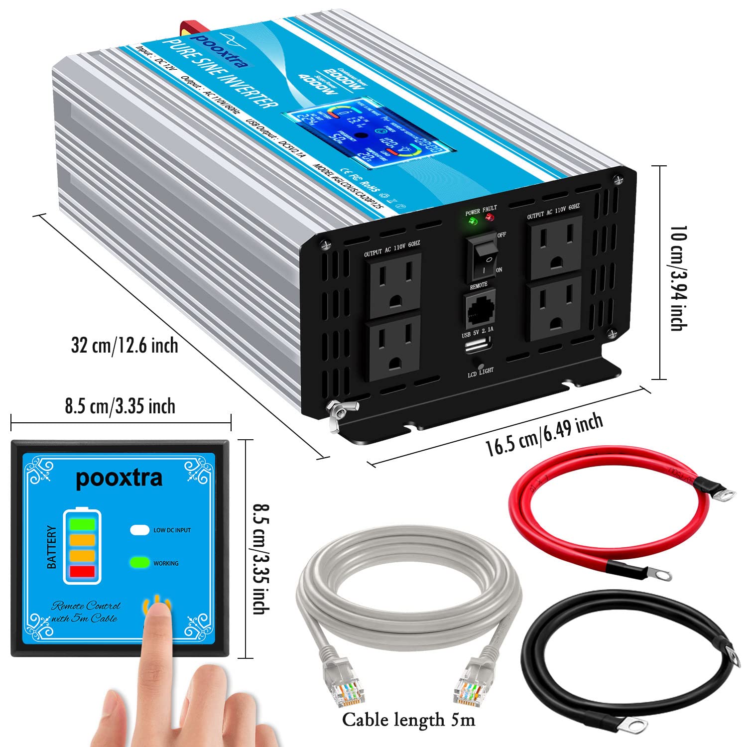2000 Watt Pure Sine Wave Inverter 12v to AC 110v with 4AC Power Outlets,Remote Control,2 Cooling Fans + LCD Display & USB Port for Home RV Emergency to Use(4000 watt Peak Power)