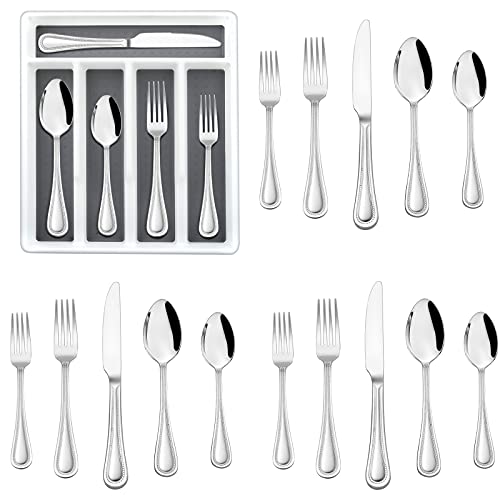 20-Piece Silverware Set with Drawer Organizer, HaWare Stainless Steel Flatware Service for 4, Modern Tableware Cutlery with Pearled Edge, Eating Utensil for Home, Mirror Polished, Dishwasher Safe