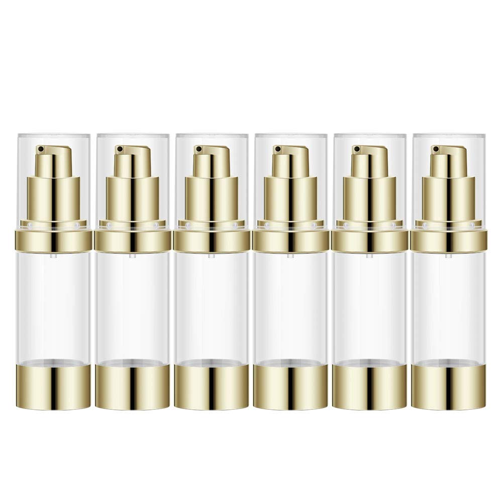 Lil Ray 1 Oz Refillable Airless Pump Bottle, Empty Travel Lotion Container, Plastic Cosmetic Dispenser for Liquid foundation, Lotion, Essential oil, Shampoo (6PCS,Light Gold)