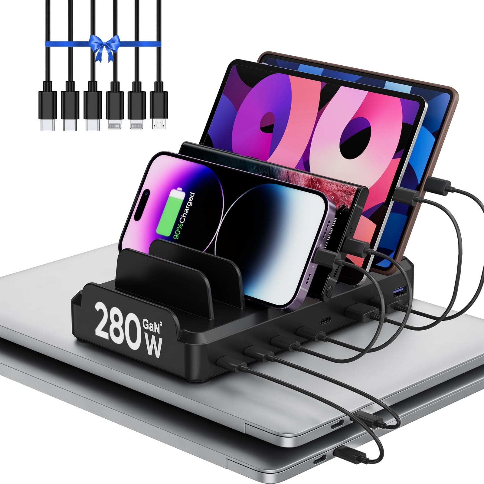 280W USB C Charging Station for Multiple Devices, 8 Port Multi Device Fast Charging Station for MacBook iPhone 15 Phone iPad Tablets Black (6 Mixed Short Cables Included)
