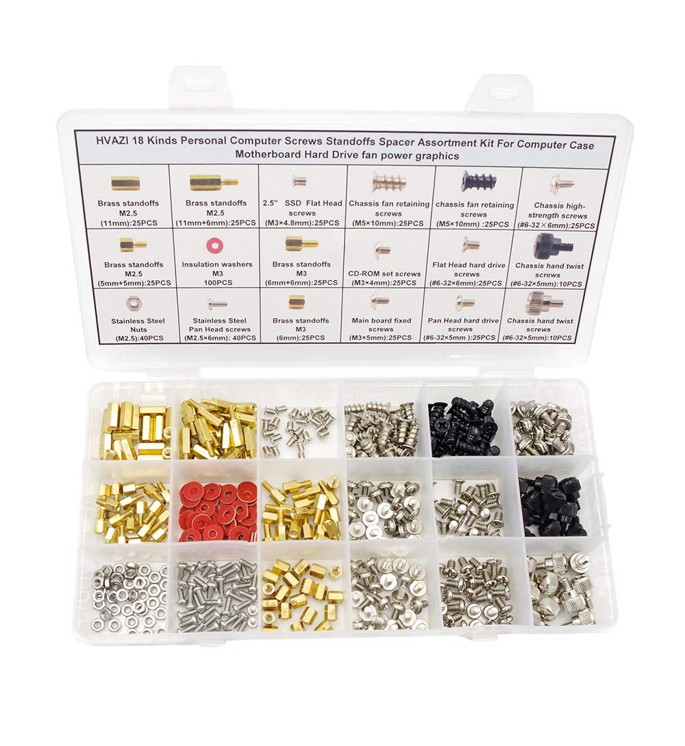 HVAZI 18 Kinds Personal Computer Screws Standoffs Spacer Assortment Kit for Computer Case Motherboard Hard Drive Fan Power Graphics