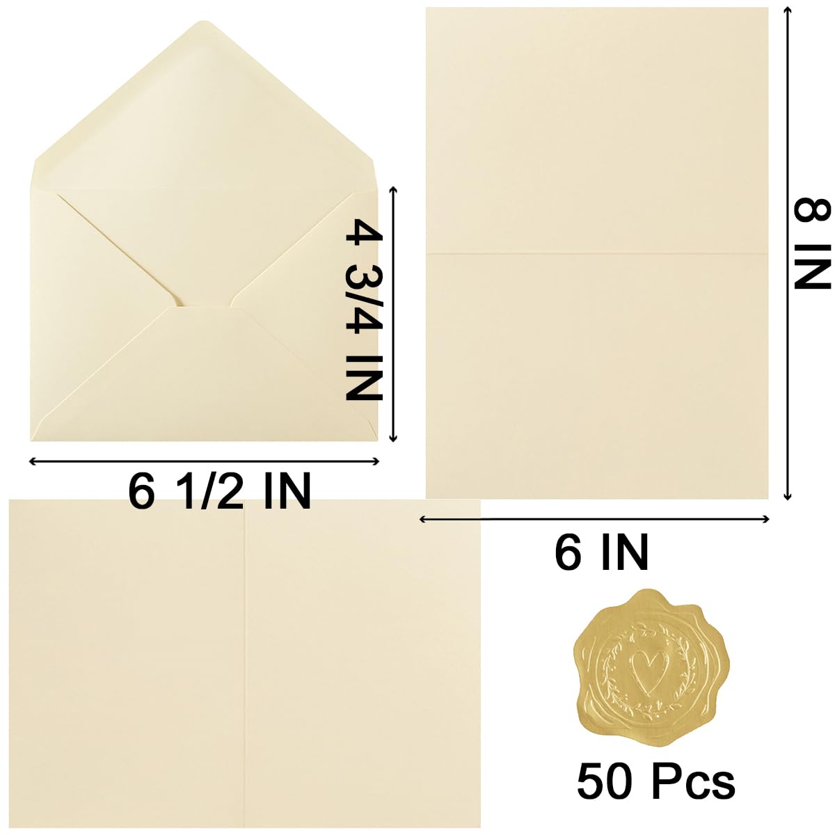 50 Pack Cream A6 Envelopes with Cards 4x6 Thick Folded Cardstock and Gold Stickers for Greeting Cards, Wedding, Birthday, Invitations, Baby Showers (Cream, 4x6)