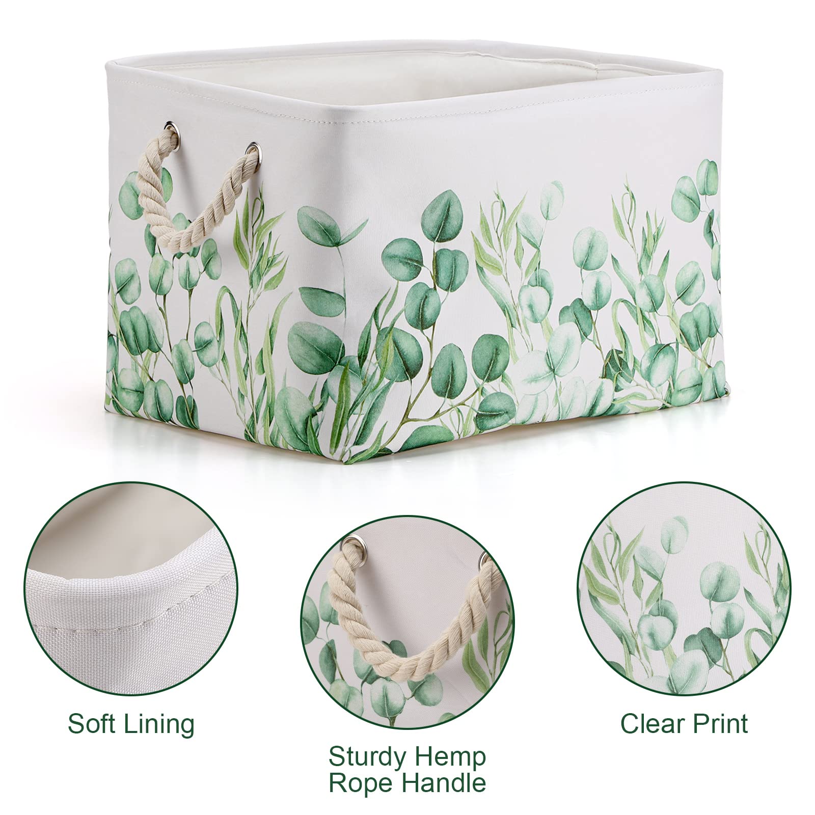 3 Pcs Rectangle Storage Baskets Oxford Fabric Organizer Bin 15 x 11 x 9.5 Inch Toy Storage Box Nursery Hamper with Handle Eucalyptus Laundry Basket Collapsible Storage Bins for Playroom Shelves