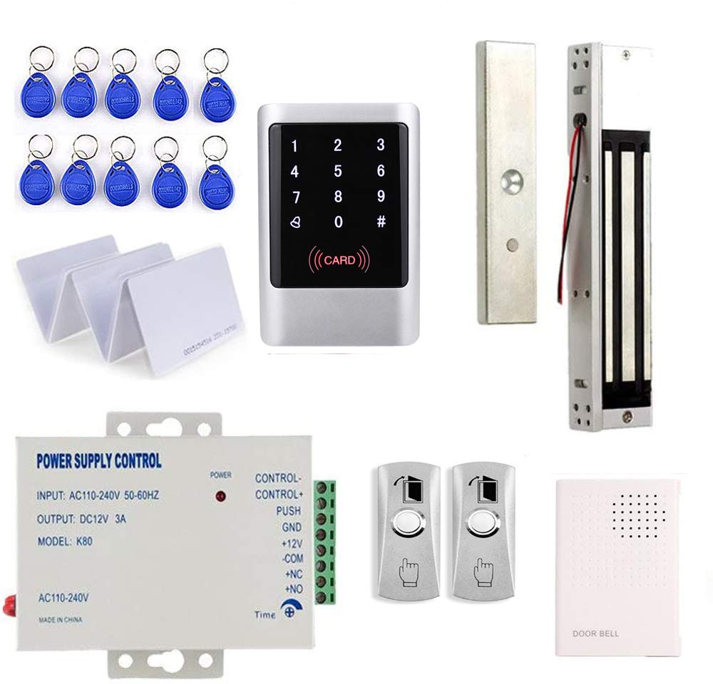 MENGQI-CONTROL Door Entry System with RFID Keypad Reader+Electromagnetic Lock(Waterproof)+110V Power Supply Box+2 Push to Exit Button+Door Bell+RFID Keychains/Cards