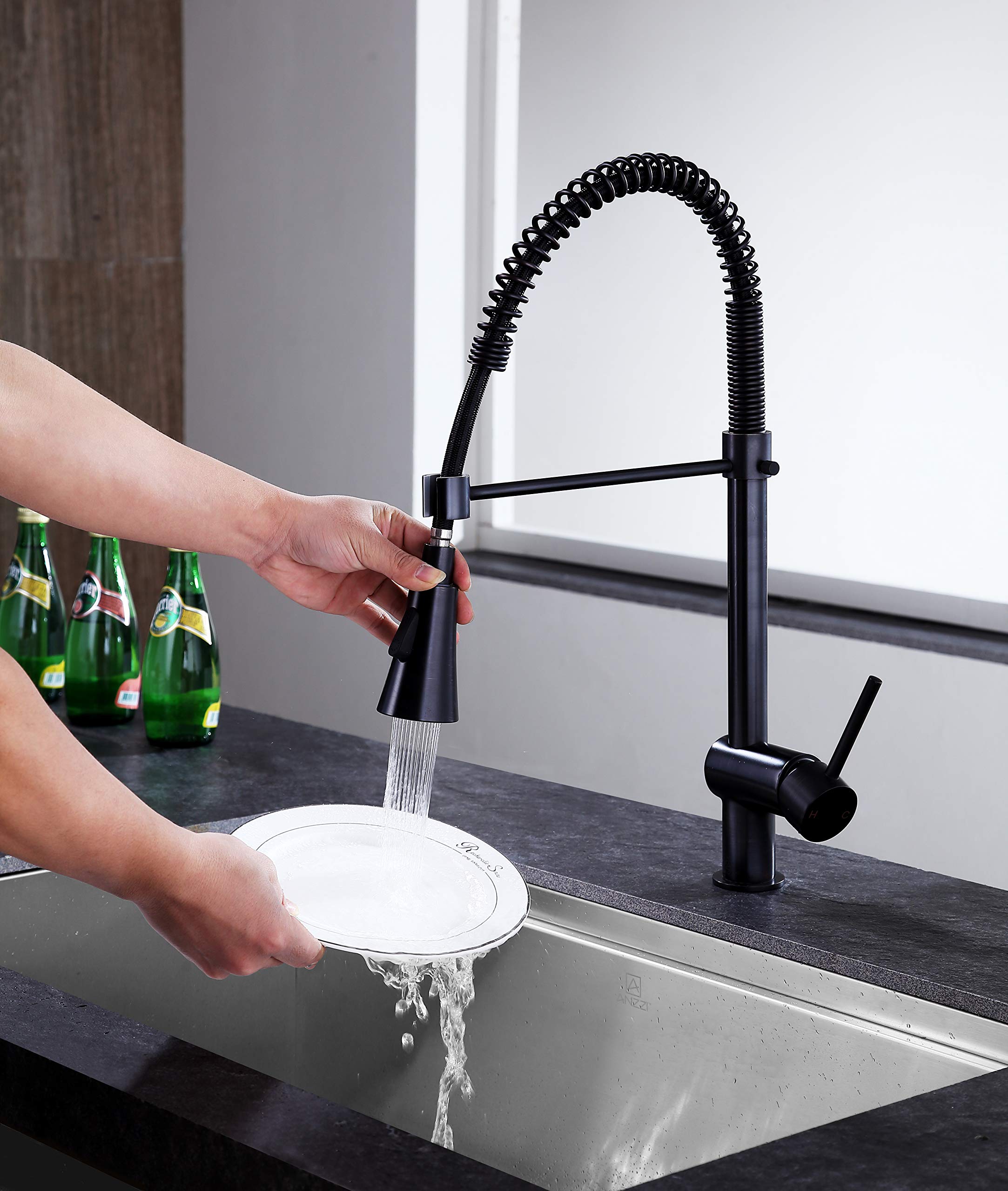 ANZZI Carriage Modern Single Hole Kitchen Faucet, Single Handle Oil Rubbed Bronze Kitchen Faucet, Commercial Stainless Steel Kitchen Bar Pull Out Kitchen Sink Faucet, KF-AZ211ORB