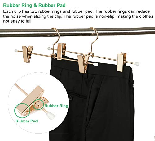 Amber Home 12 Inch Real Rose Gold Metal Pants Skirts Hangers 12 Pack, Sturdy for Slacks Trousers with 2 Adjustable Non Slip Clips and Swivel Hook (12 Pack)