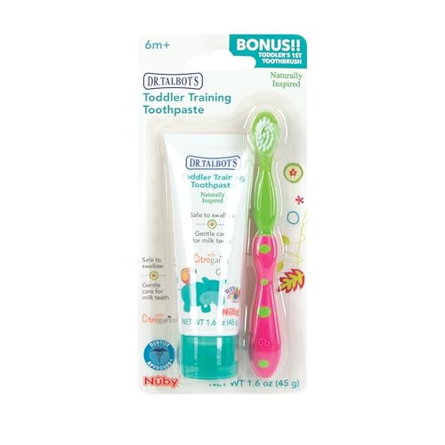 Dr. Talbot's Toddler Training Toothpaste Naturally Inspired with Citroganix, with Toothbrush Included, Pink/Green, 1.6 Ounce