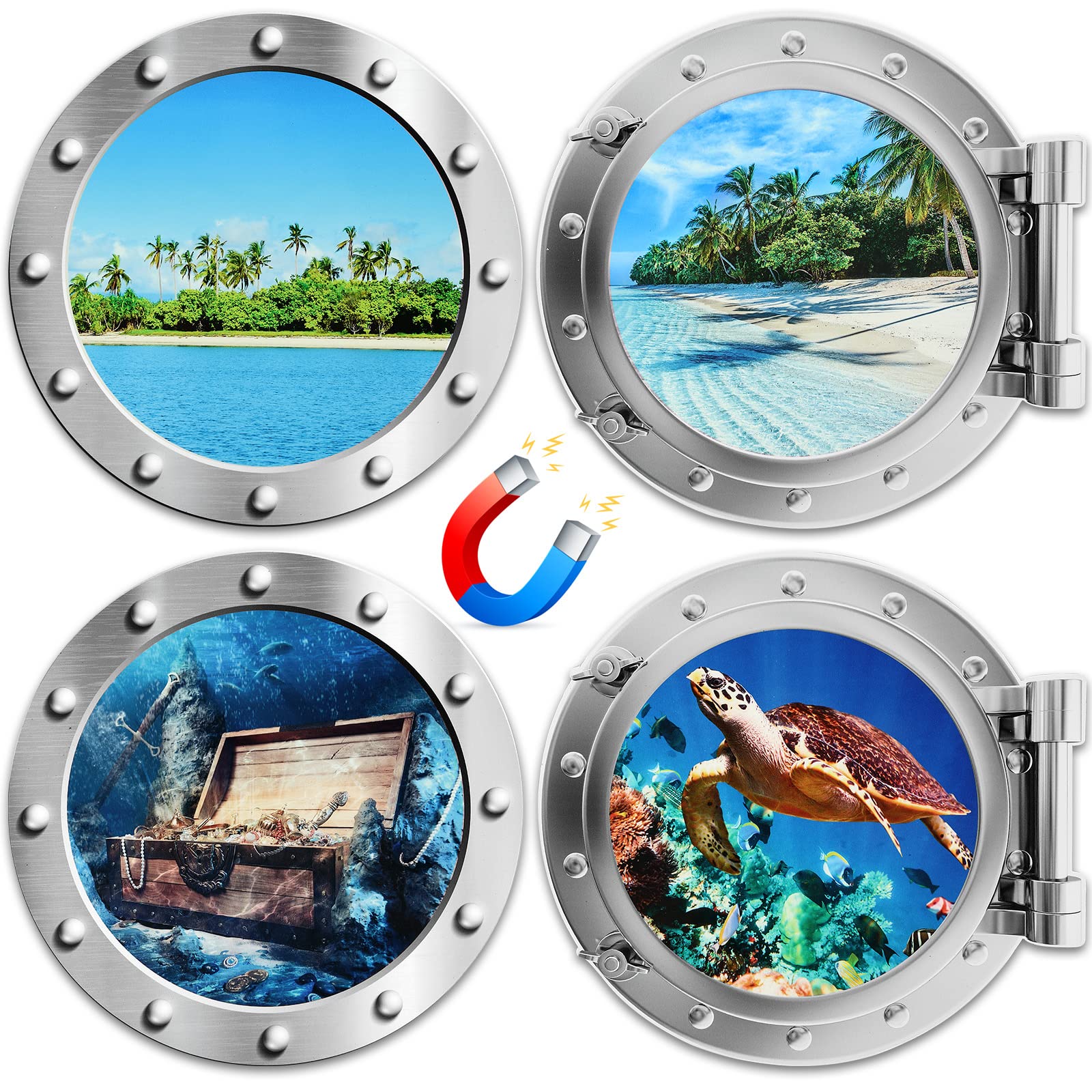 4 Pcs Cruise Door Decorations Magnetic Cruise Porthole Door Magnets Palm Tree Turtle Cruise Magnet The Sea Nature Scenery Fridge Decor for Carnival Cruise Refrigerator Car
