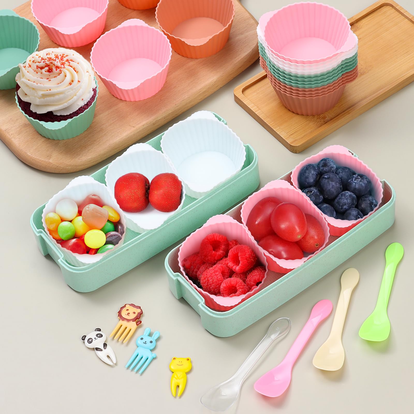 24Pcs Silicone Lunch Box Dividers Bento Box Accessories Silicone Cupcake Liners, Reusable Round Baking Cups Silicone Muffin Liners with 10pcs Food Picks and 24pcs Spoon
