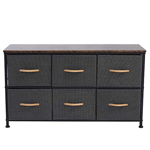 Huedimboene Wide Storage Dresser Furniture Unit with 6 Removable Fabric Drawers, Standing Tower Chest of Drawers with Steel Frame/Wood Top, Large Capacity Organizer for Bedroom, Living Room, Closet