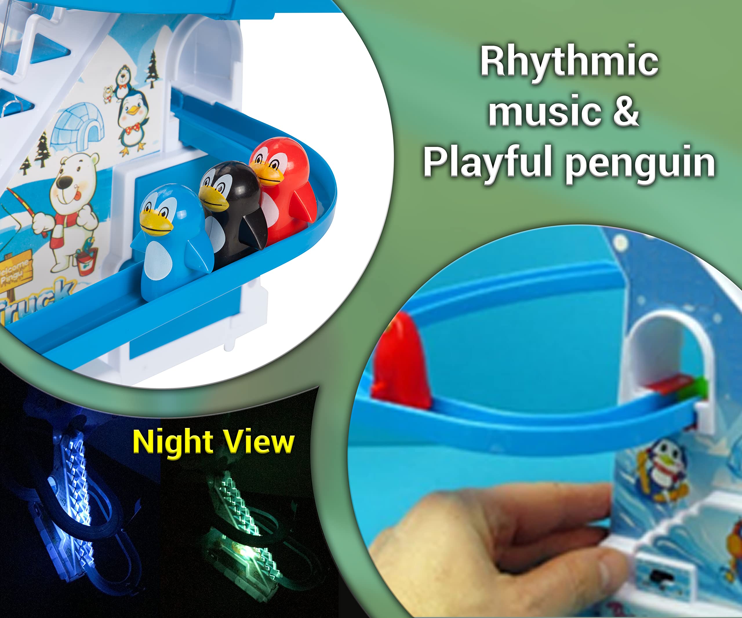 ARSUK Playful Penguin Race Game, Roller Coaster Musical Toy Track Playset with Music & LED Flashing Lights On/Off Button for Toddlers and Kids Gift