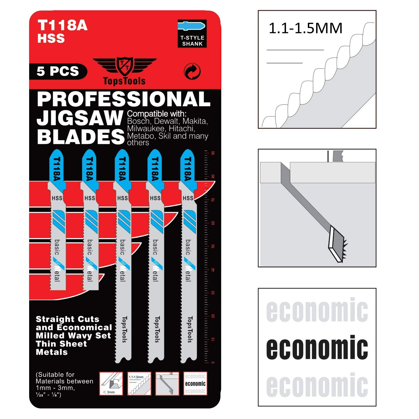 25 x TopsTools T118A Metal Cutting Jigsaw Blades Compatible with Bosch, Dewalt, Makita, Milwaukee and many more