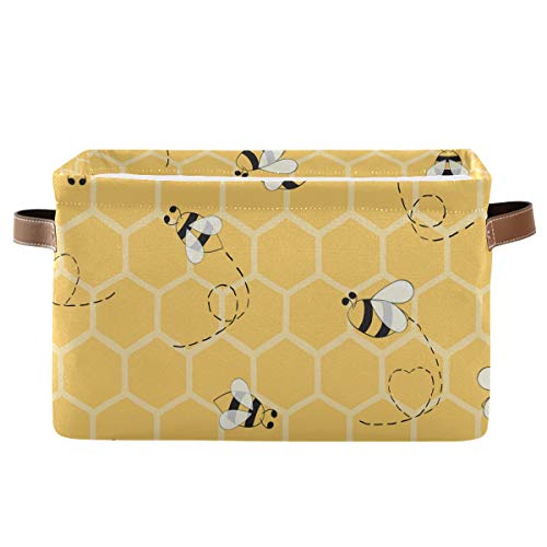 AUUXVA Collapsible Storage Bin Cube Yellow Honey Bees Pattern Laundry Basket Hamper Toy Cloth Organization Bag with Handle for Pantry Nursery Home Office Shelve,1 PC