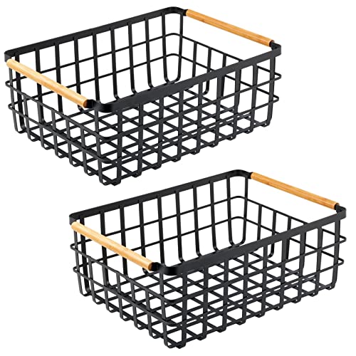 mDesign Metal Wire Storage Organizer Basket with Bamboo Wood Handles for Kitchen Pantry, Rustic Farmhouse Bin to Store Fruit, Coffee, Spices, Supplies, Yami Collection, 2 Pack, Matte Black/Natural/Tan