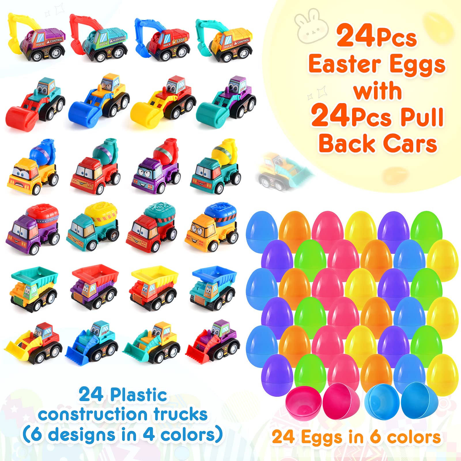 24 Pack Plastic Easter Eggs and Cars for Easter Egg Hunt, Play Pull Back Construction Car Toys, Easter Basket Stuffers, Classroom Prize Supplies, Easter Party Favors for Kids Boys Girls Toddlers