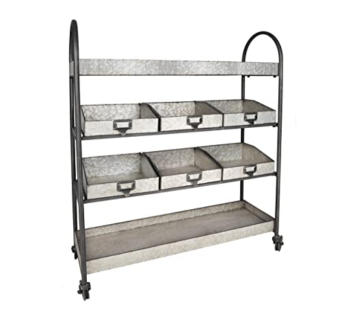 Creative Co-Op Metal 4 Tier Cart on Casters with 2 Open Shelves & 6 Bins,Grey