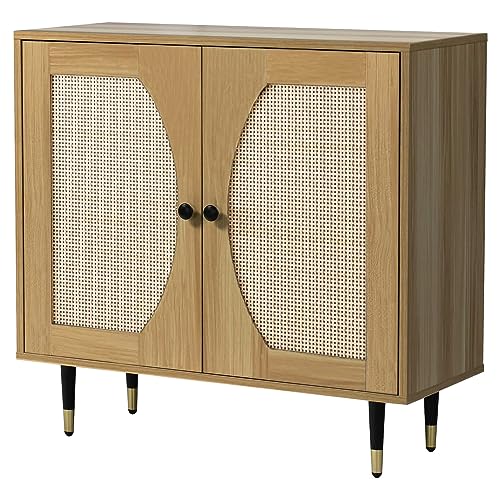 4ever2buy Rattan Buffet Cabinet Sideboard with Storage, Kitchen Accent Cabinet with Woven Natural Rattan Doors, Entryway Cabinet with Adjustable Shelves,Console Tables for Living Bedroom Dining Room