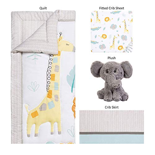 Sammy & Lou Jungle Pals 4-Piece Baby Nursery Crib Bedding Set for Boys, Includes Quilt, Fitted Crib Sheet, Crib Skirt, and Plush Toy