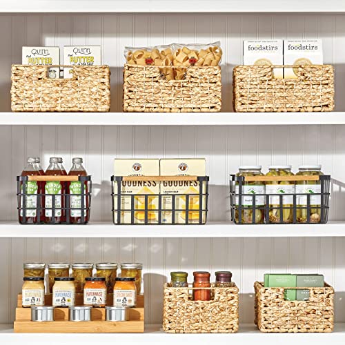 mDesign Metal Wire Food Organizer Storage Bin Basket with Bamboo Handles for Kitchen Cabinets/Pantry Organizing - Farmhouse Decor - Yami Collection - 4 Pack - Matte Black/Natural